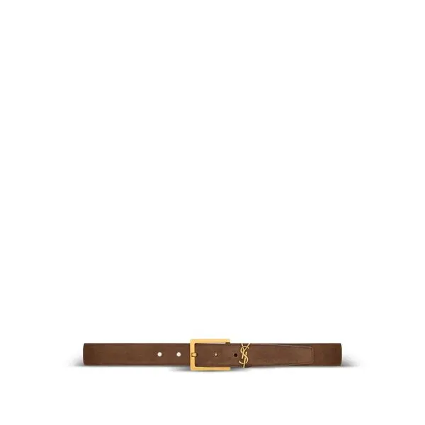 Saint Laurent Suede Belt With Logo Plaque Buckle - Brown