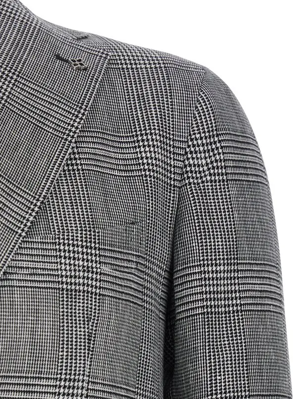 Tagliatore Grey Houndstooth Cotton Linen Blend Blazer - Gray
