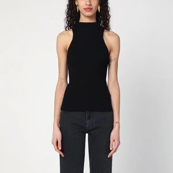 ROBERTO COLLINA Ribbed High Neck Sleeveless Top - Black