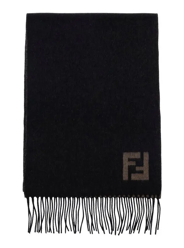 Fendi Fringed Edge Scarf With Ff Embroidery On Front In Wool And Cashmere For - Black