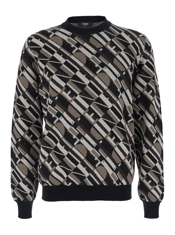 Fendi Wool Crewneck Sweater With Geometric Motif - Brown