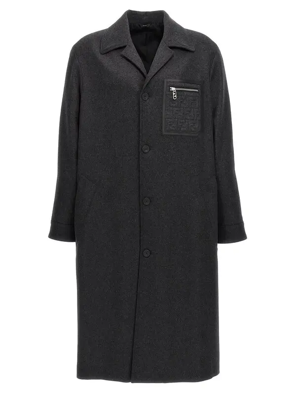 Fendi Single-breasted Cashmere Coat With Embossed Logo Pocket - Gray
