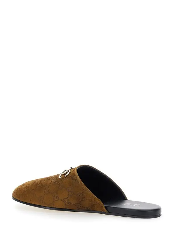 Gucci Suede Mule With Horsebit And Gg Motif