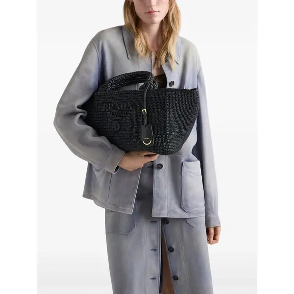 Prada Raffia-effect Tote Bag With Embroidered Logo