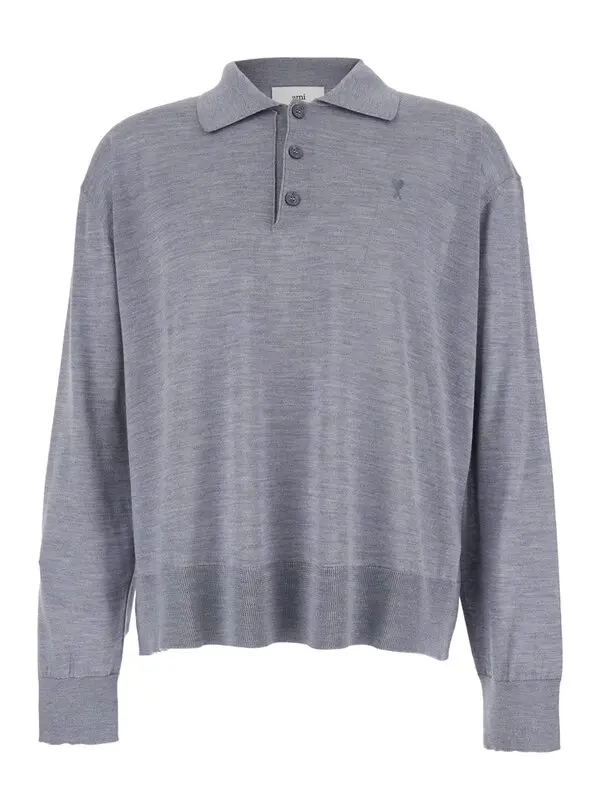 Ami Grey Polo Shirt With Classic Collar And Adc Embroidery On The Front In Wool And Silk Blend - Multicolor