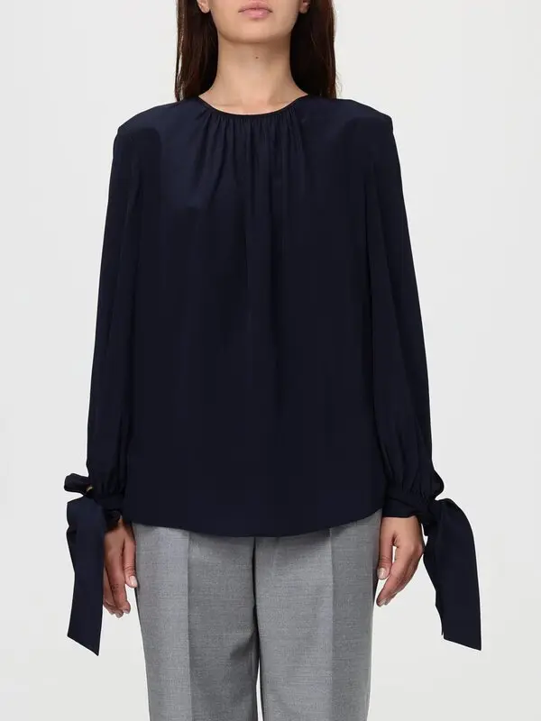 Max Mara Silk Blend Long Sleeve Top With Tie Cuffs - Blue