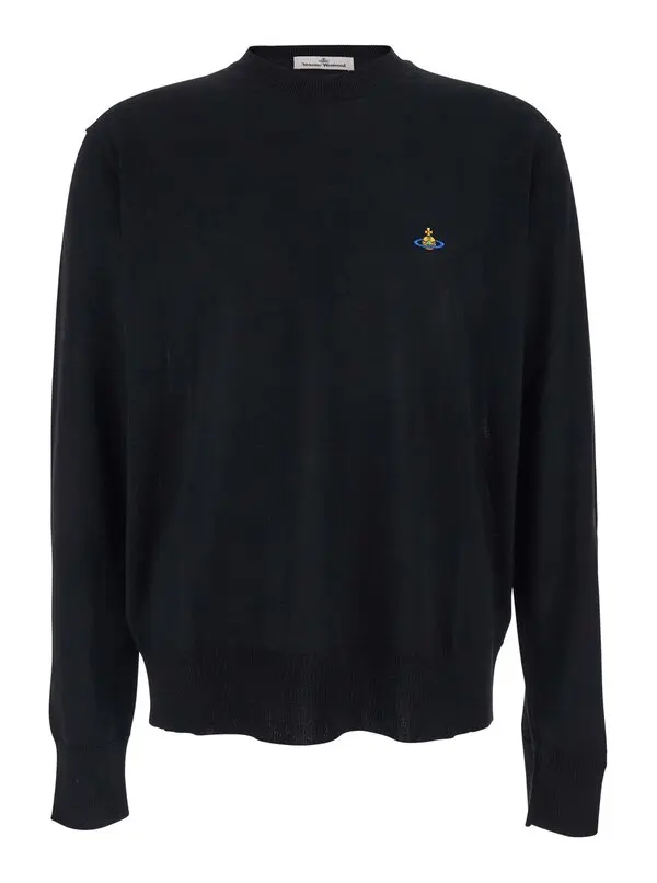 VIVIENNE WESTWOOD Orb Logo Embroidered Wool Blend Crew Neck Sweater - Black