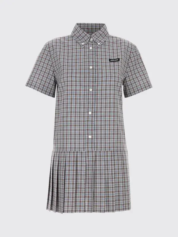 Miu Miu Pleated Plaid Shirt Dress - Red