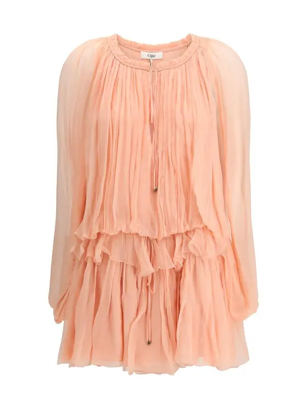 Chloé Mini Dress With Cape In Silk Muslin - Pink