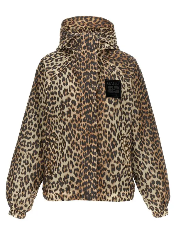 GANNI Leopard Print Recycled Nylon Hooded Windbreaker - Multicolor
