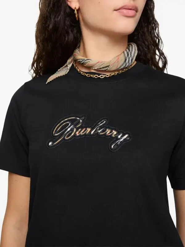 Burberry Check Cursive Logo Cotton T-shirt - Black