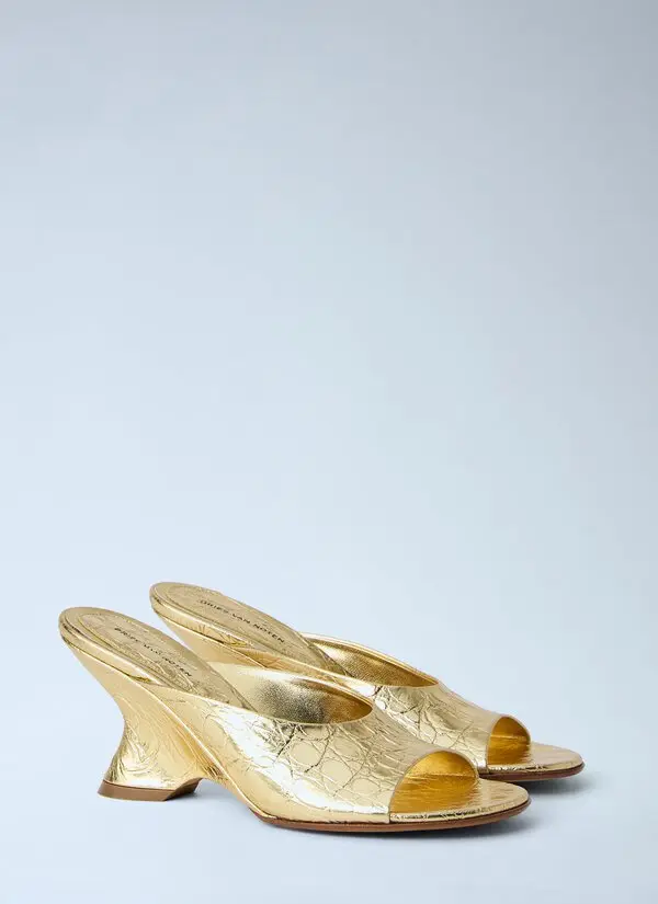 Dries Van Noten Sculpted Heel Open Toe Mules - Gold