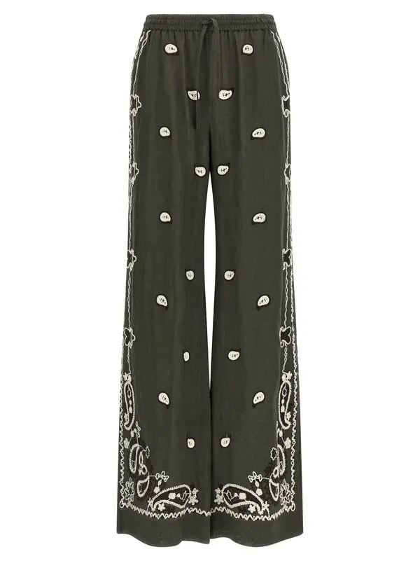 P.a.r.o.s.h Beach26' Wide Leg Linen Pants With All-over Embroidery - Green