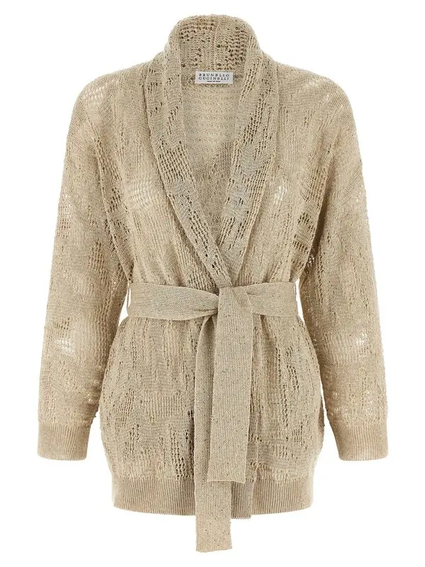 Brunello Cucinelli Linen And Cotton Blend Crochet Cardigan With Sequin Application - Cream
