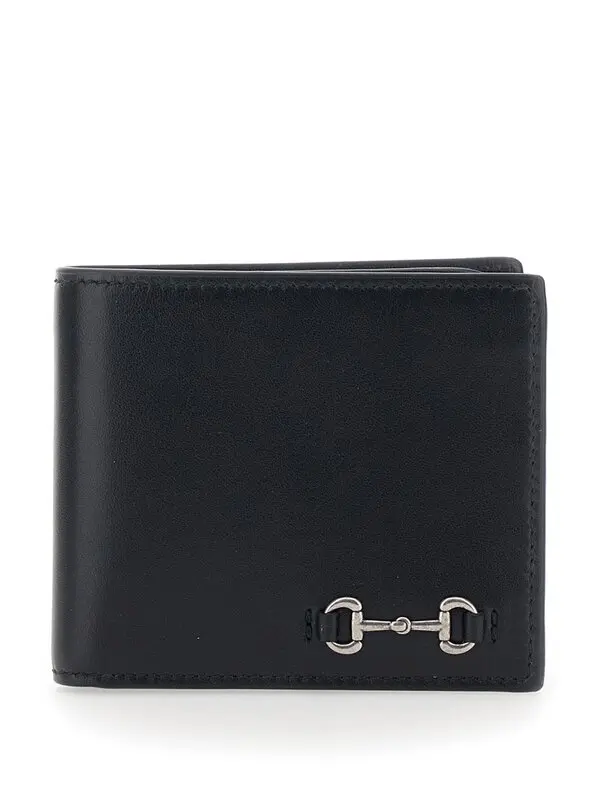Gucci Bi-fold Wallet With Horsebit On The Front And Logo Imprinted Inside In Leather For - Black