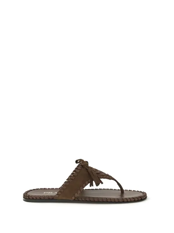 Prada Suede Thong Sandals With Tassel Detail - Brown