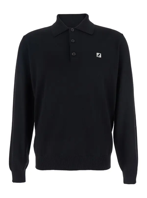 Fendi Long-sleeve Polo Shirt With Classic Collar And Ff Plaque On The Front In Wool - Black