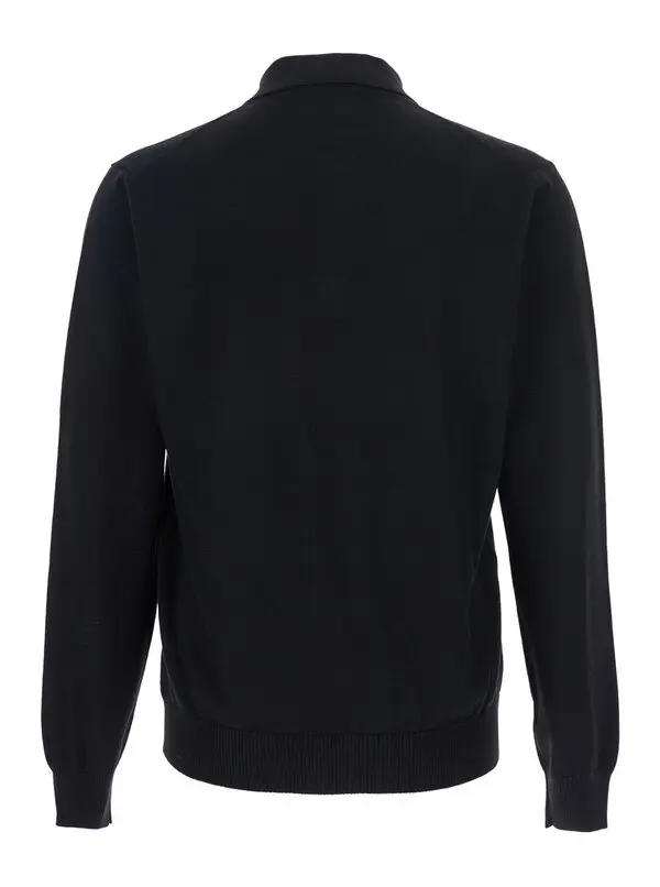Fendi Long-sleeve Polo Shirt With Classic Collar And Ff Plaque On The Front In Wool - Black