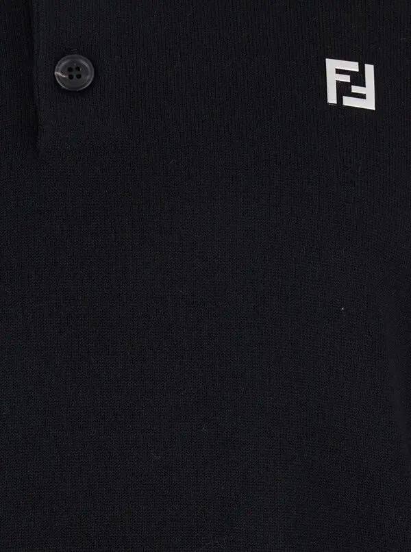 Fendi Long-sleeve Polo Shirt With Classic Collar And Ff Plaque On The Front In Wool - Black