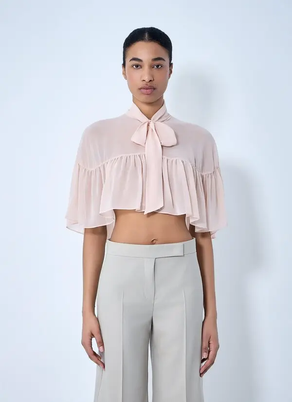 Max Mara Silk Chiffon Cropped Blouse With Tie Neck - Pink