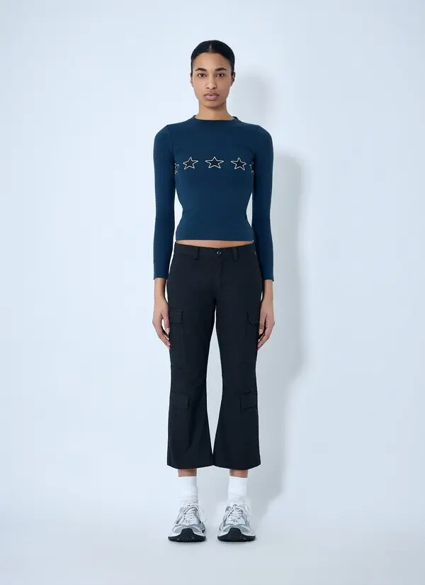 Balenciaga Crewneck Ribbed Long Sleeve Top With Star Embroidery
