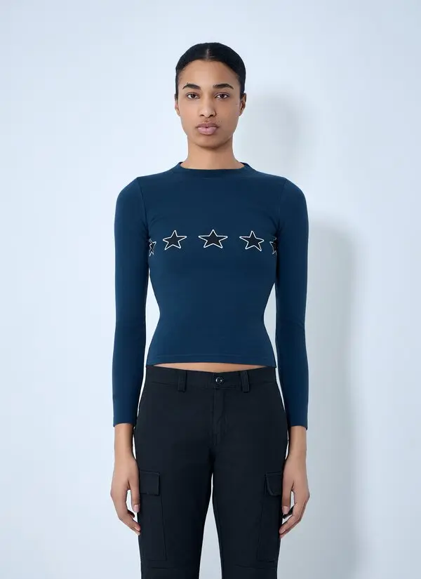 Balenciaga Crewneck Ribbed Long Sleeve Top With Star Embroidery - Blue