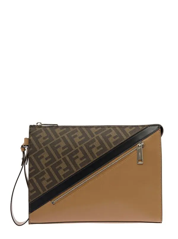 Fendi Flat Pouch With Leather Diagonal Insert - Brown