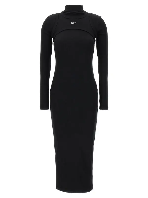 Off-White Off Stamp Ribbed Long Sleeve Dress - Black