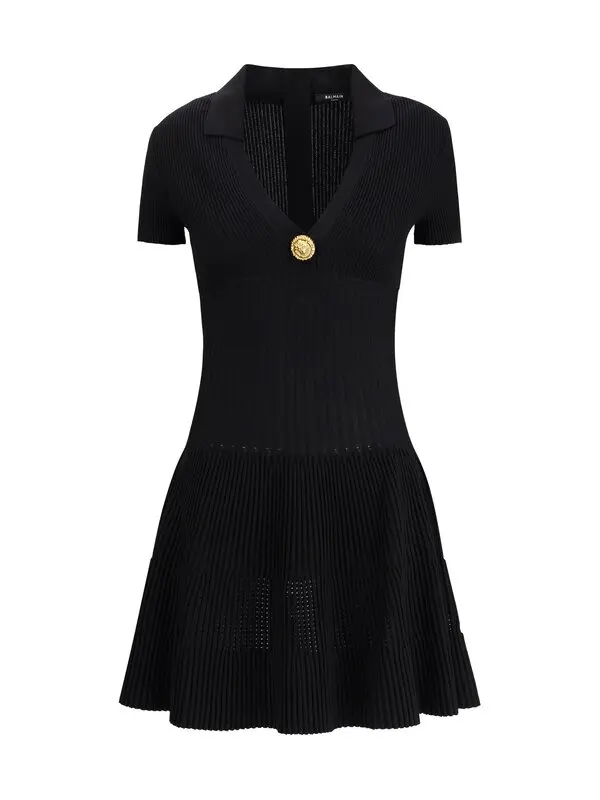 Balmain Flared Knit Mini Dress With Lion Head Button