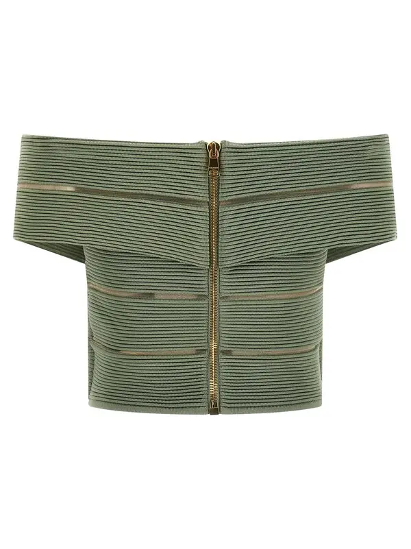Balmain Off-the-shoulder Cropped Top With Mesh Inserts - Green