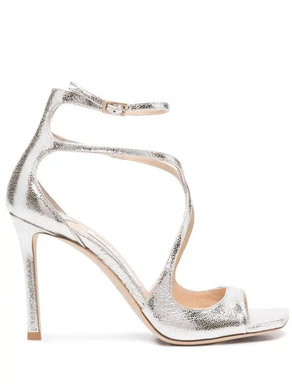 JIMMY CHOO Azia 95 Champagne Glitter Leather Sandals - Silver