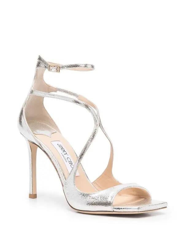 JIMMY CHOO Azia 95 Champagne Glitter Leather Sandals - Silver