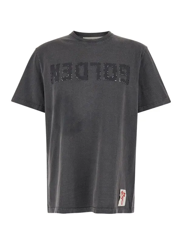 GOLDEN GOOSE Grey Crewneck T-shirt With Logo On The Front And Logo Patch On The Front In Cotton