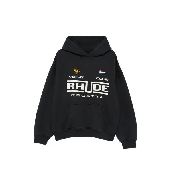 Rhude Cotton Logo Detail Drawstring Hoodie - Black