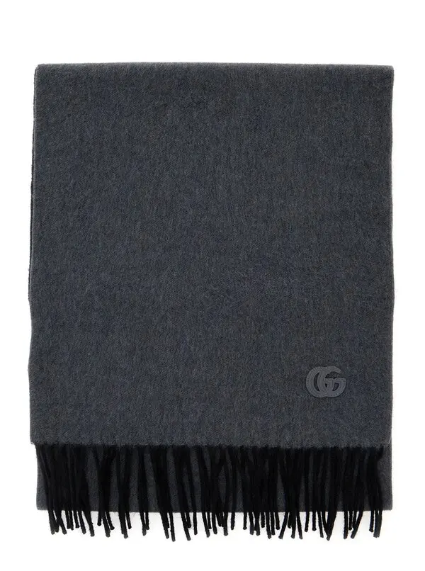 Gucci Gray Cashmere Scarf With Gg Patch On The Front And Frayed Hem For - Multicolor