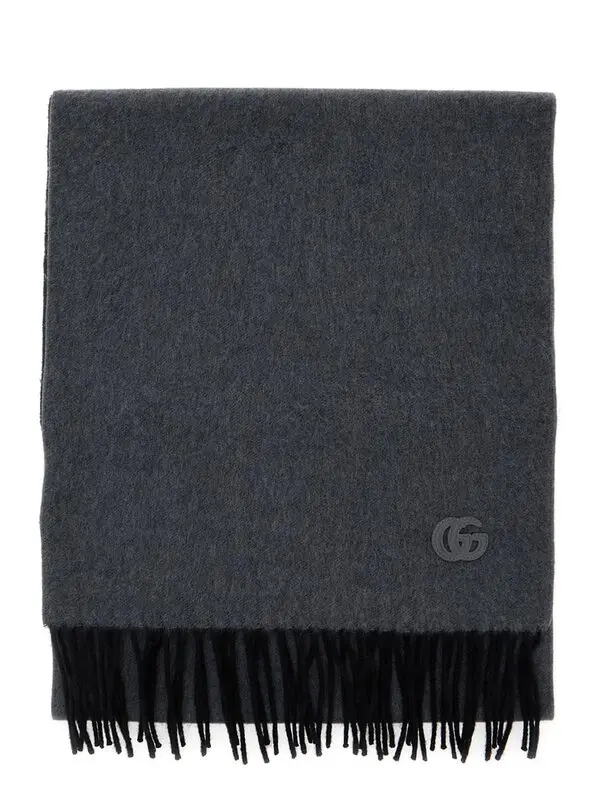 Gucci Gray Cashmere Scarf With Gg Patch On The Front And Frayed Hem For