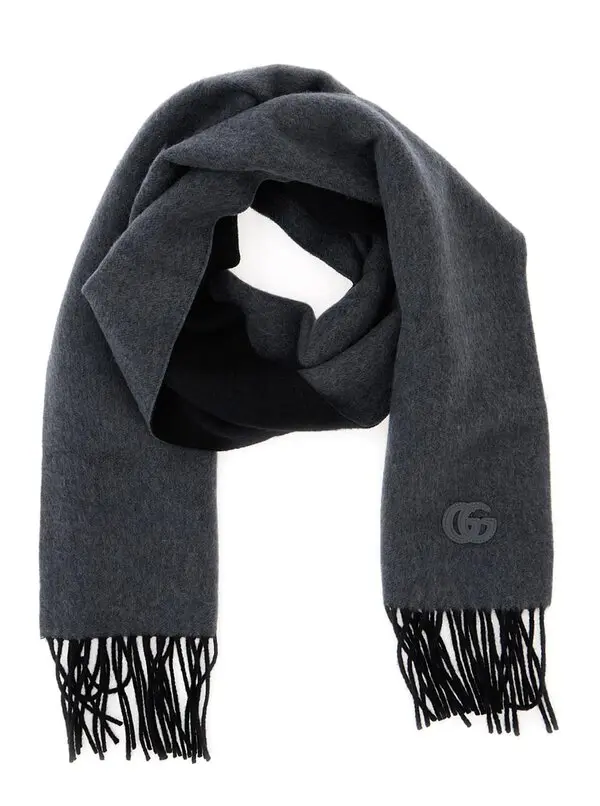 Gucci Gray Cashmere Scarf With Gg Patch On The Front And Frayed Hem For