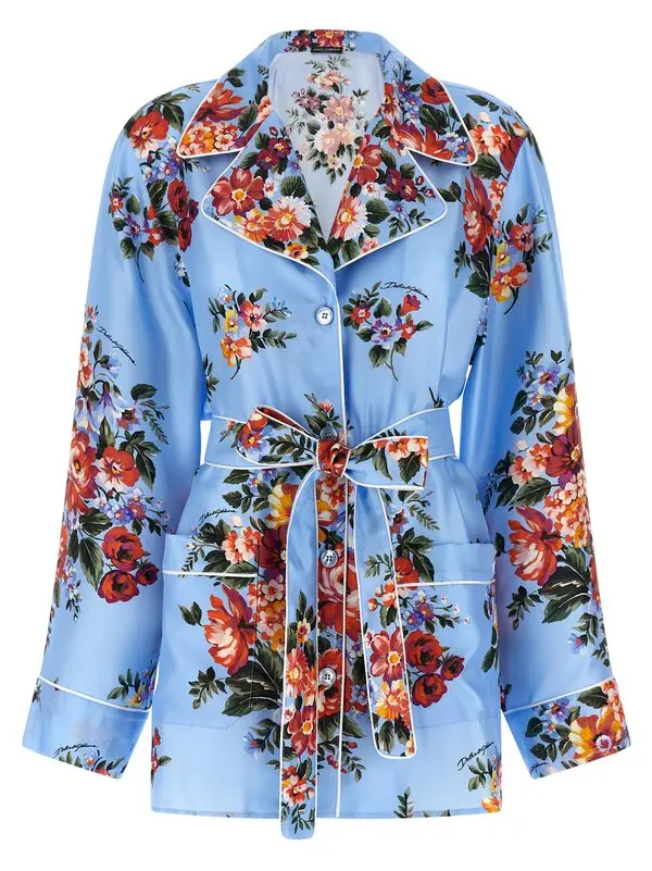 Dolce & Gabbana Mazzo Di Fiori' Print Silk Twill Shirt With Contrast Piping - Blue