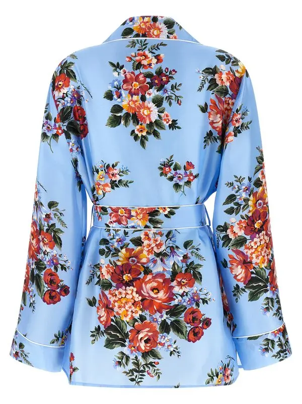 Dolce & Gabbana Mazzo Di Fiori' Print Silk Twill Shirt With Contrast Piping - Blue