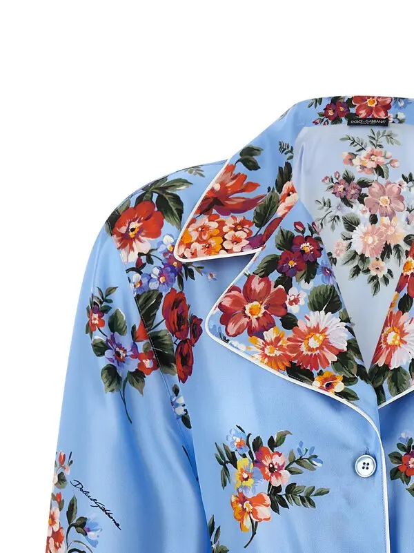 Dolce & Gabbana Mazzo Di Fiori' Print Silk Twill Shirt With Contrast Piping - Blue