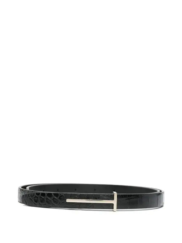 TOM FORD Shiny Stamped Crocodile Leather Slim T Belt - Black
