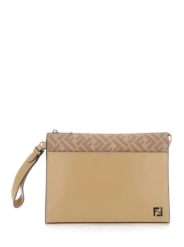 Fendi Ff Motif Leather Clutch With Logo Plaque - Cream