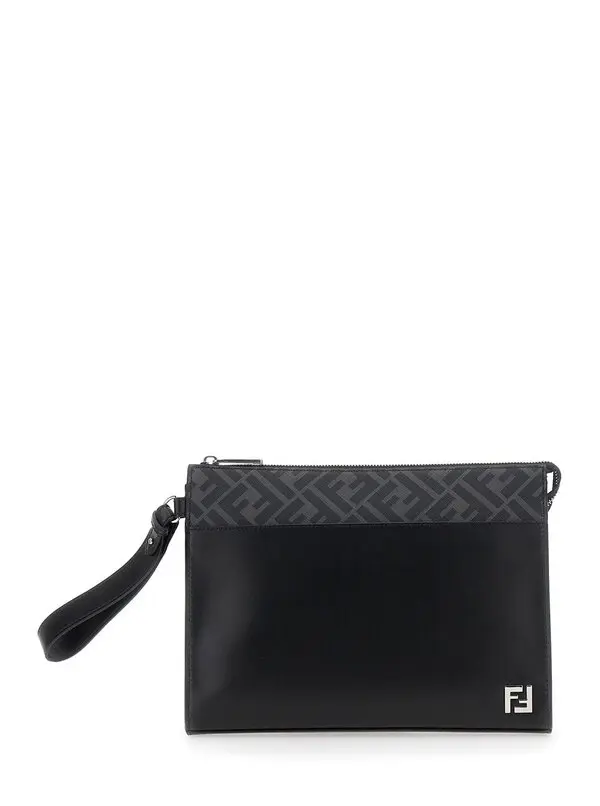 Fendi Clutch With Ff Motif And Logo Plaque - Black