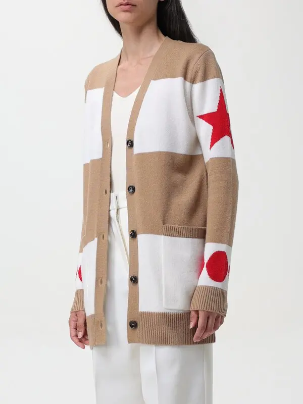 Max Mara Camel, White, And Red Star Embellished Wool Cardigan