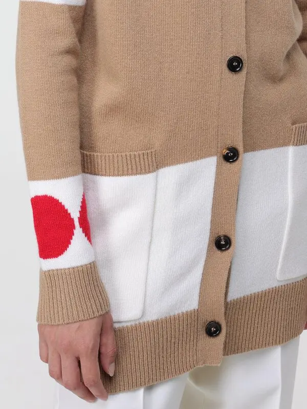 Max Mara Camel, White, And Red Star Embellished Wool Cardigan