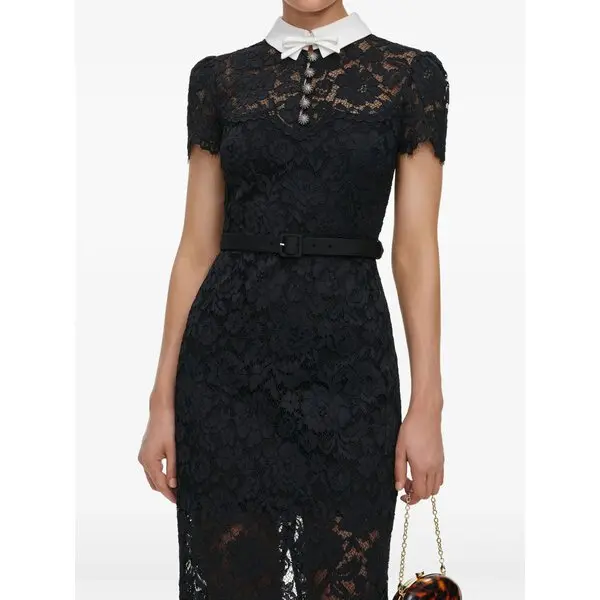 SELF-PORTRAIT Cotton Blend Dress With Ruffle Hem And Bow Detail