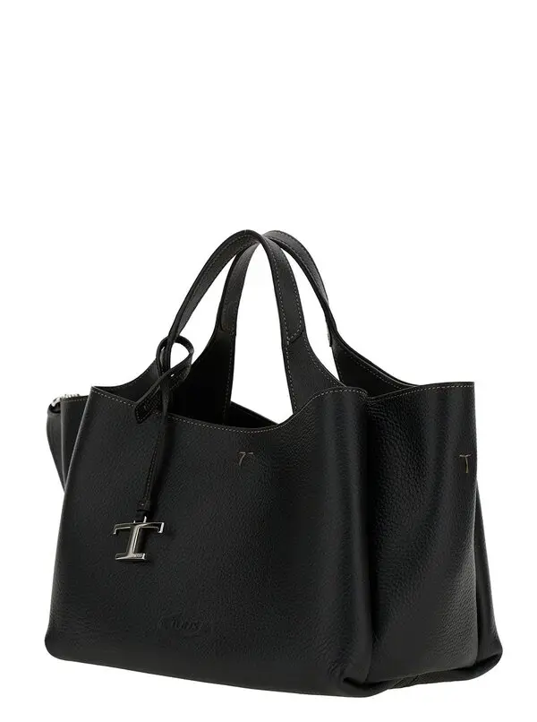 TOD'S Black Leather Handbag With Embossed Logo And T Timeless Pendant - Multicolor