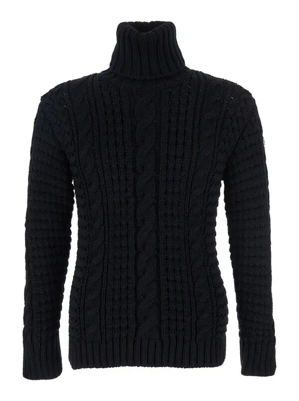 Moncler Black Merino Wool Cable Knit Turtleneck Jumper With Logo Patch - Multicolor