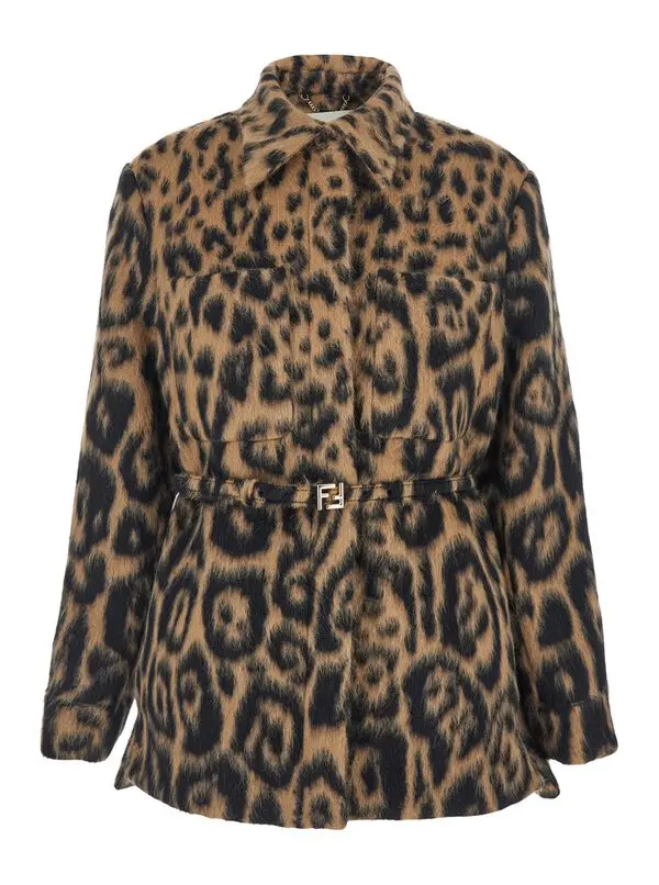 Fendi Leopard Motif Wool Blend Coat With Ff Buckled Belt - Multicolor
