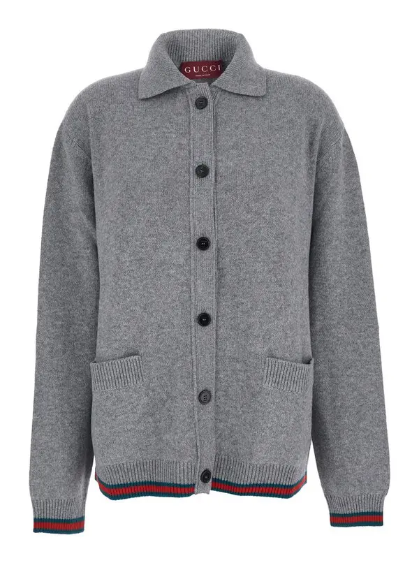 Gucci Wool And Cashmere Blend Cardigan With Pointed Collar And Web Detailing - Multicolor